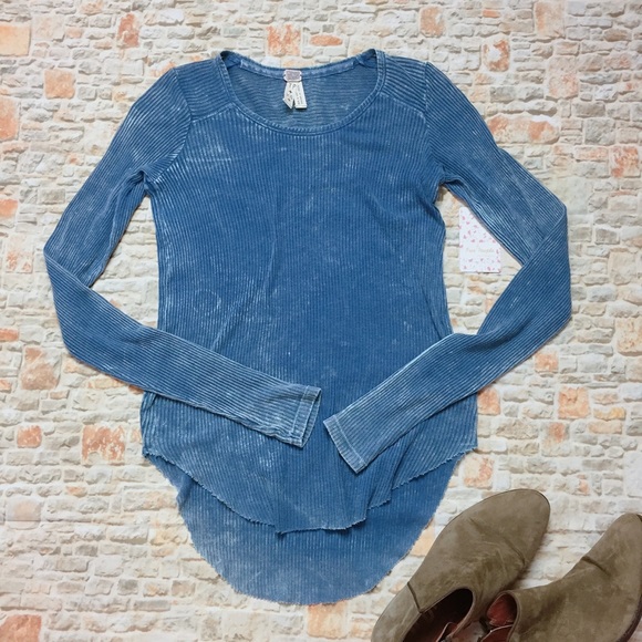 Free People | Tops | Free People Blue Distressed Long Sleeve Top | Poshmark